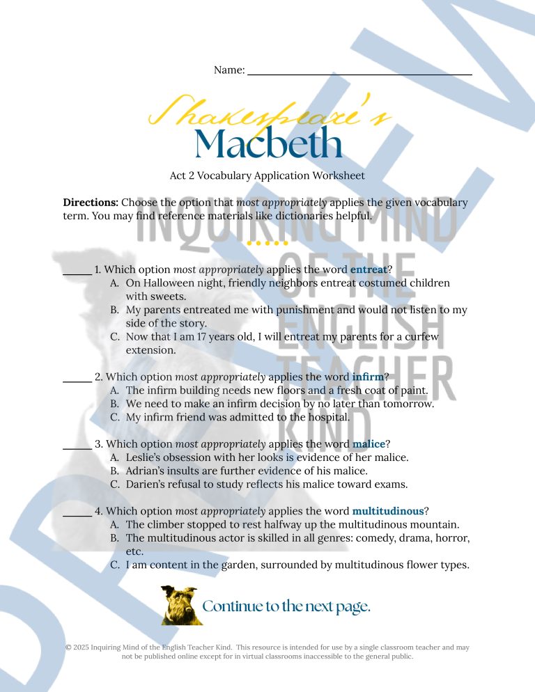 Macbeth Act 2 Vocabulary Activities | Crossword Puzzle | Word Search ...