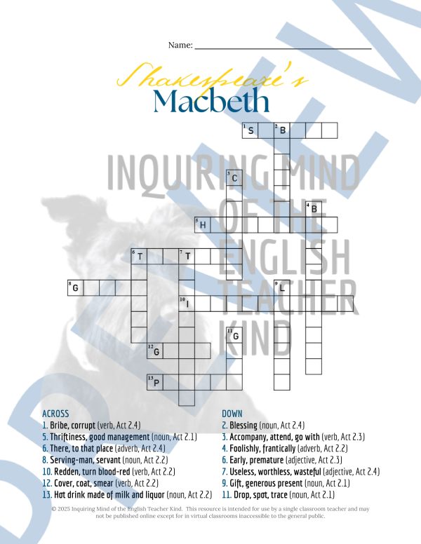 Macbeth Act 2 Vocabulary Activities | Crossword Puzzle | Word Search ...