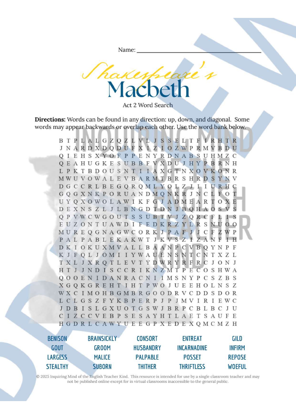 Macbeth Act 2 Vocabulary Activities | Crossword Puzzle | Word Search ...