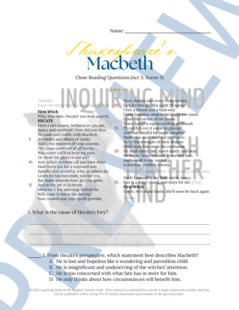 Macbeth Act 3 Scene 5 Close Reading Analysis Worksheet for High School ...