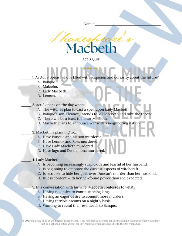 Shakespeare's Macbeth Act 3 Quiz and Answer Key | Reading Comprehension ...