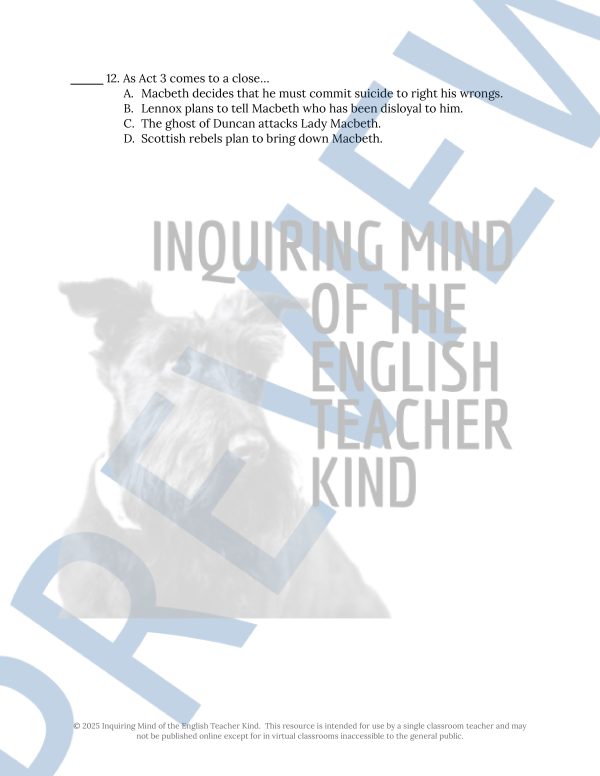 Shakespeare's Macbeth Act 3 Quiz and Answer Key | Reading Comprehension ...