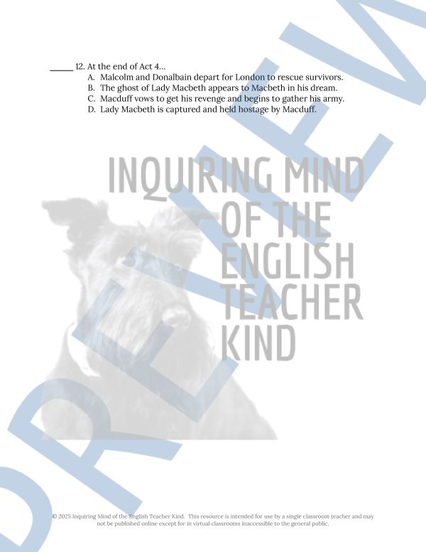 Shakespeare's Macbeth Act 4 Quiz and Answer Key | Reading Comprehension ...