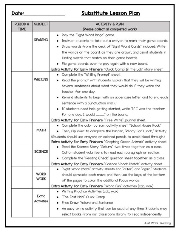 Two Days of First Grade Emergency Sub Plans - Made By Teachers