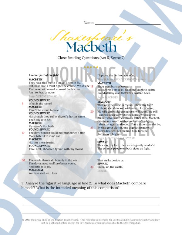 Macbeth Act 5 Scene 7 Close Reading Worksheet for High School | Made By ...