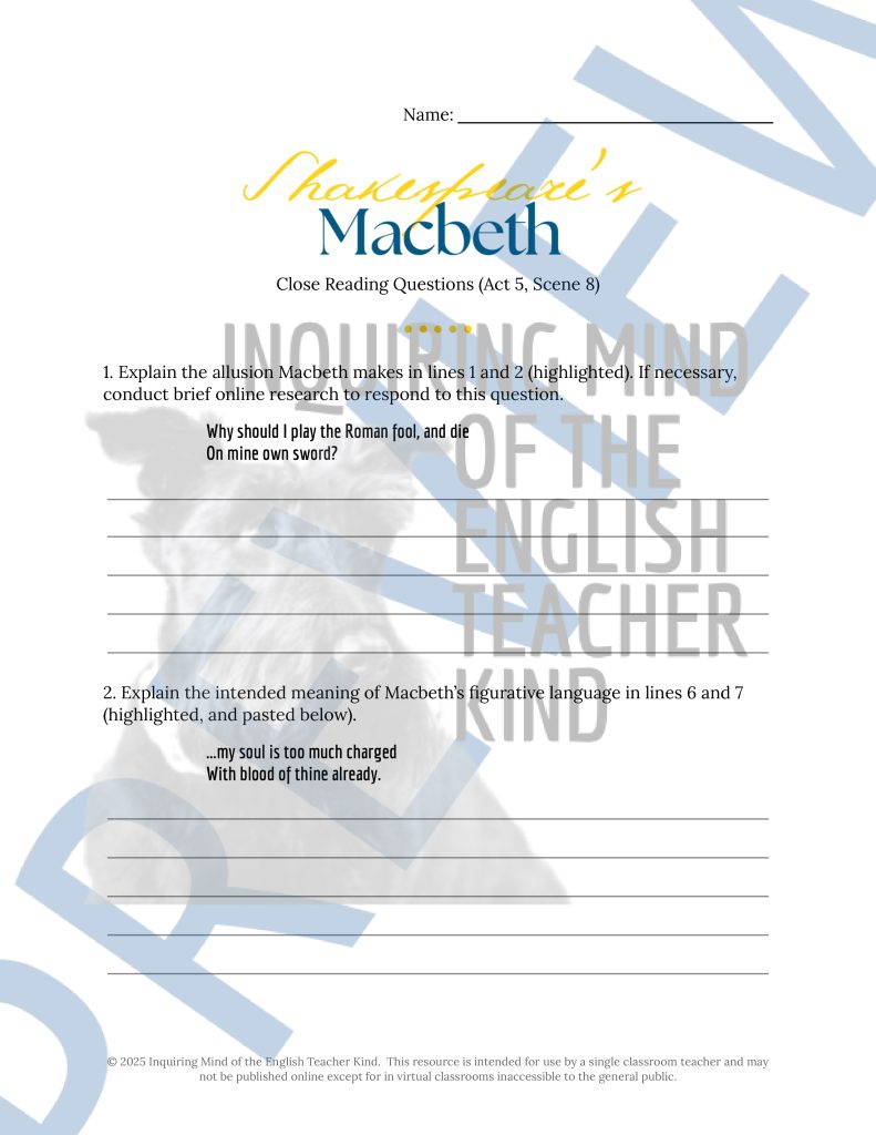 Macbeth Act 5 Scene 8 Close Reading Worksheet for High School - Made By ...