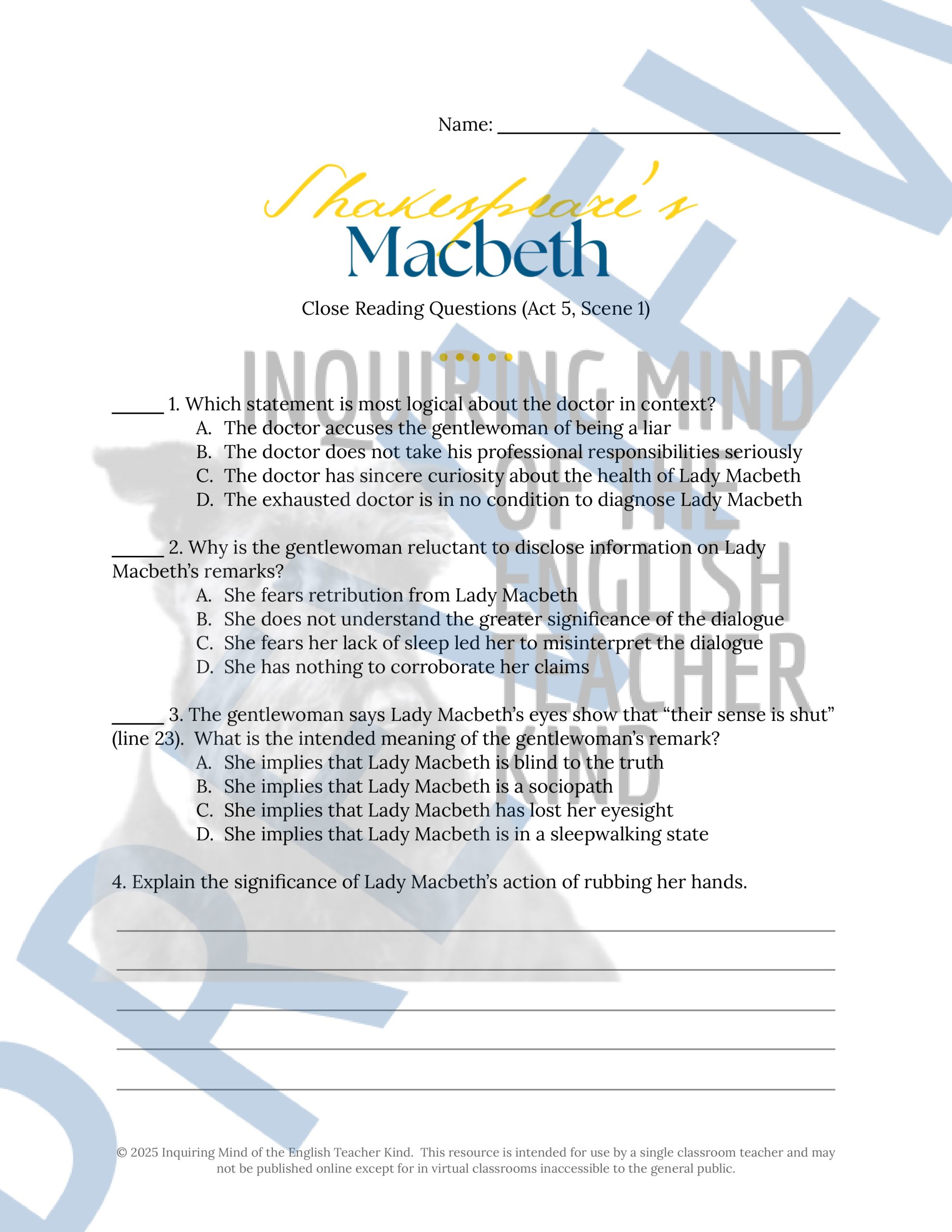 Macbeth Act 5 Quiz, Close Reading Worksheets, and Vocabulary Games ...