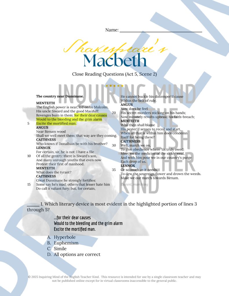 Macbeth Act 5 Quiz, Close Reading Worksheets, and Vocabulary Games ...
