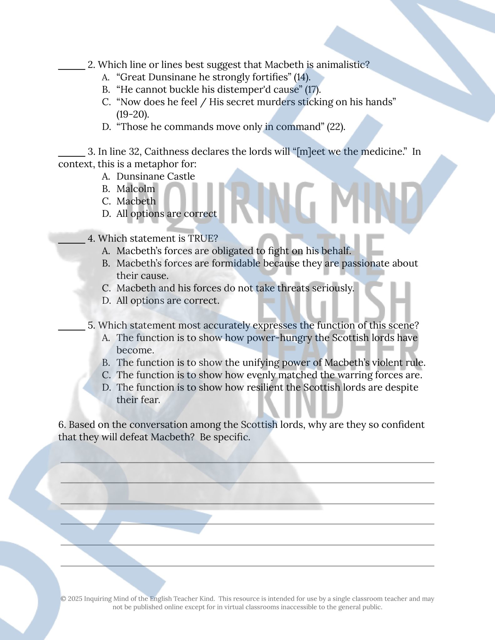 Macbeth Act 5 Quiz, Close Reading Worksheets, and Vocabulary Games ...