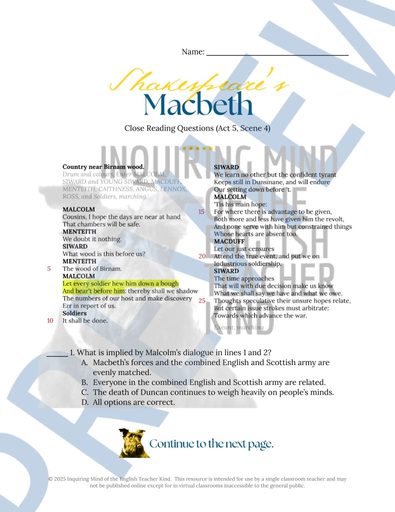 Macbeth Act 5 Quiz, Close Reading Worksheets, and Vocabulary Games ...