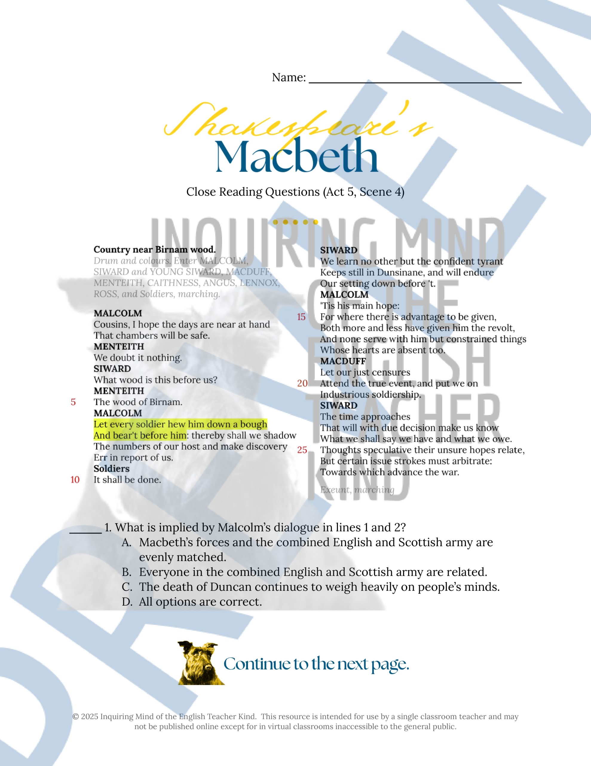 Macbeth Act 5 Quiz, Close Reading Worksheets, and Vocabulary Games ...