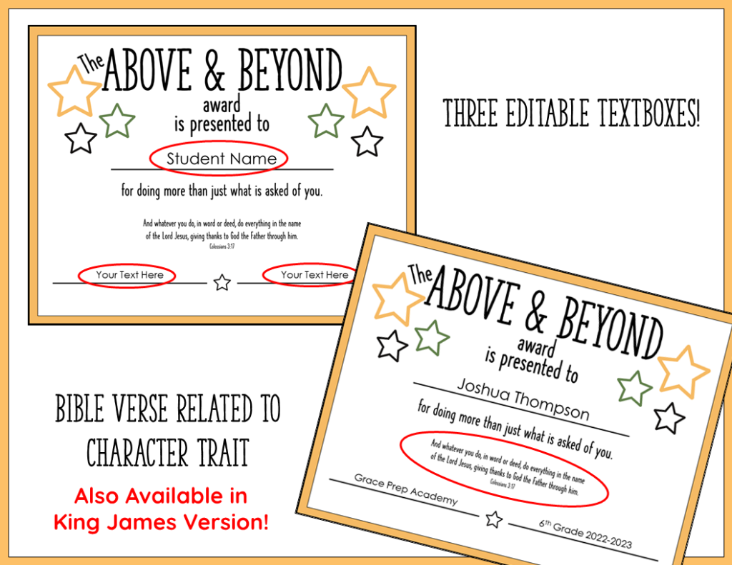 End of Year Christian Character Award Certificates with Bible Verses 50 ...
