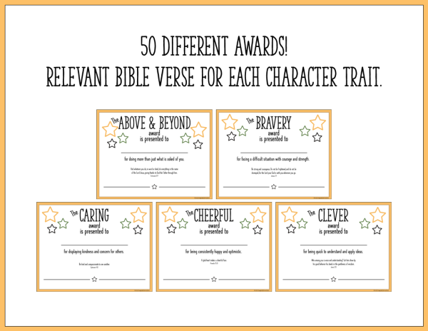 End of Year Christian Character Award Certificates with Bible Verses 50 ...