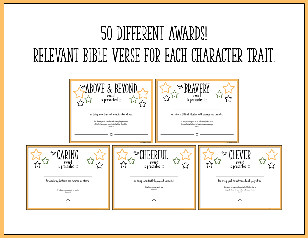End of Year Christian Character Award Certificates with Bible Verses 50 ...