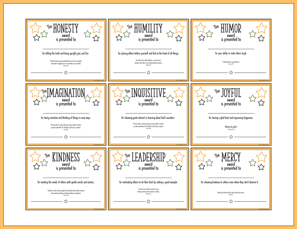 End of Year Christian Character Award Certificates with Bible Verses 50 ...