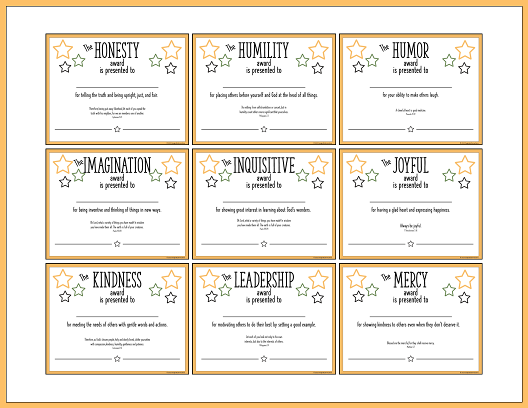 End of Year Christian Character Award Certificates with Bible Verses 50 ...