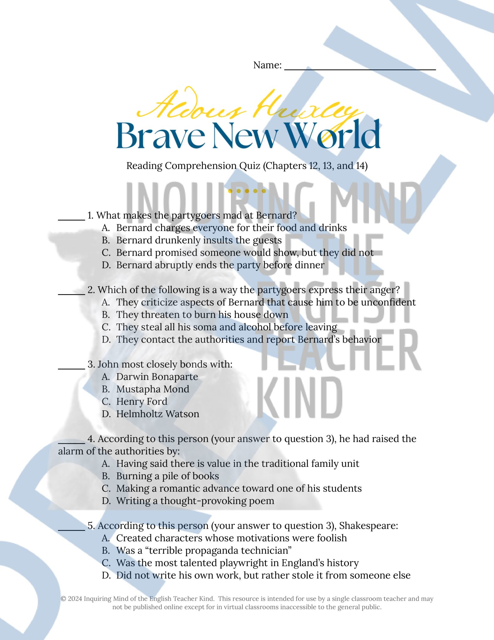 Brave New World Chapters 12, 13, and 14 Quiz and Answer Key for High ...