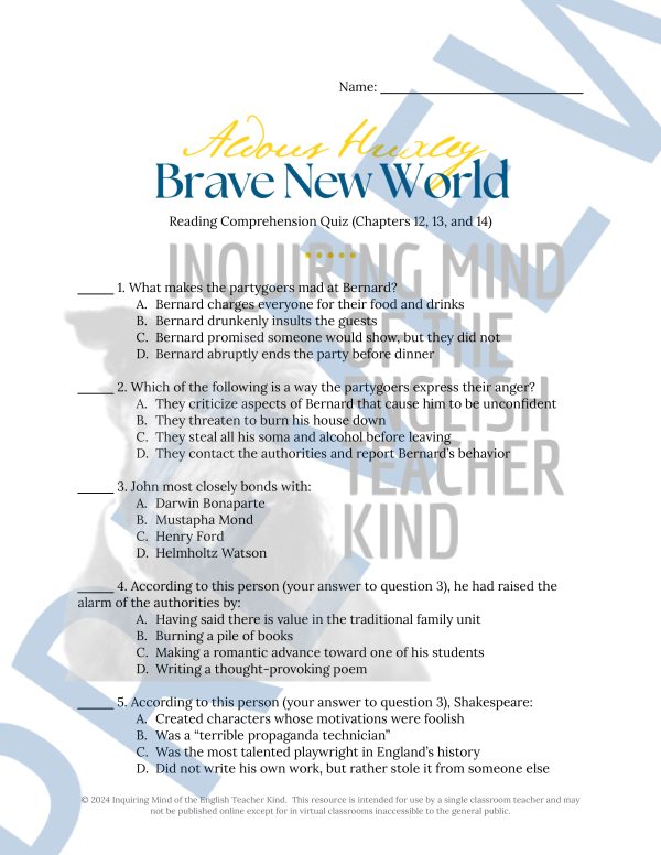 Brave New World Chapters 12, 13, and 14 Quiz and Answer Key for High ...