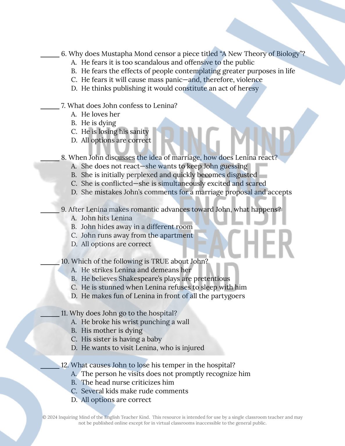 Brave New World Chapters 12, 13, and 14 Quiz and Answer Key for High ...