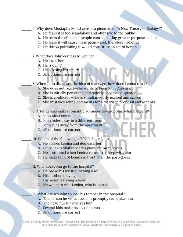 Brave New World Chapters 12, 13, and 14 Quiz and Answer Key for High ...