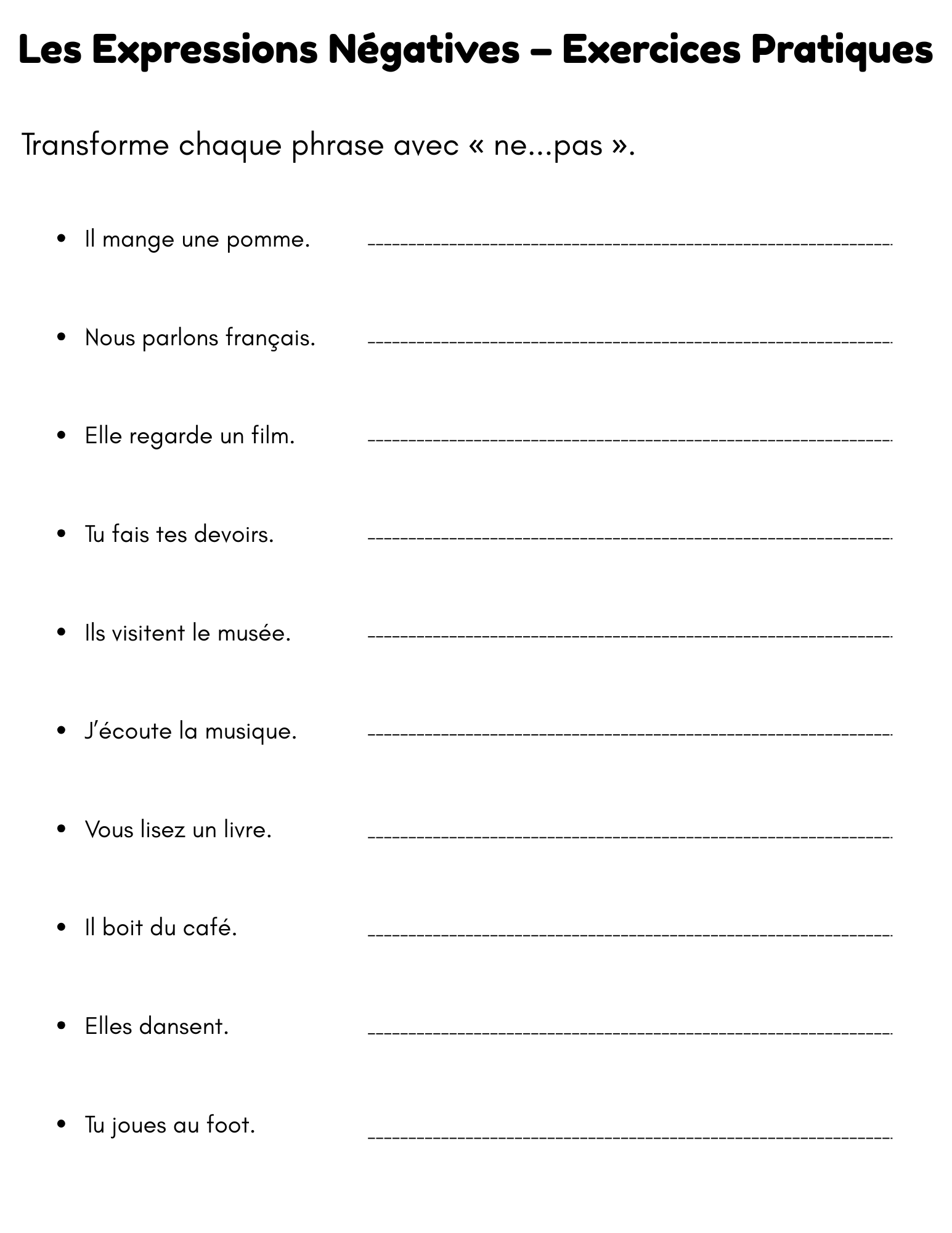 negative expressions in french exercises - Les Expressions Négatives ...