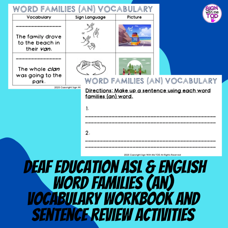 Deaf Education ASL and English Word Families (an) Vocabulary Workbook ...