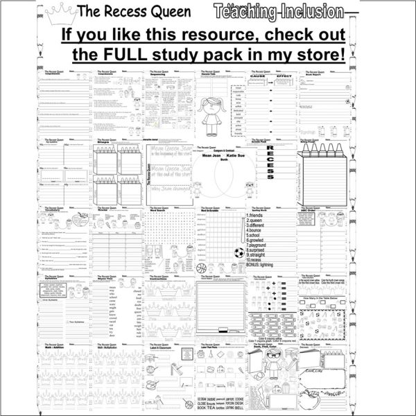 The Recess Queen Reading Quiz Test & Story Scene Sequencing Worksheets ...