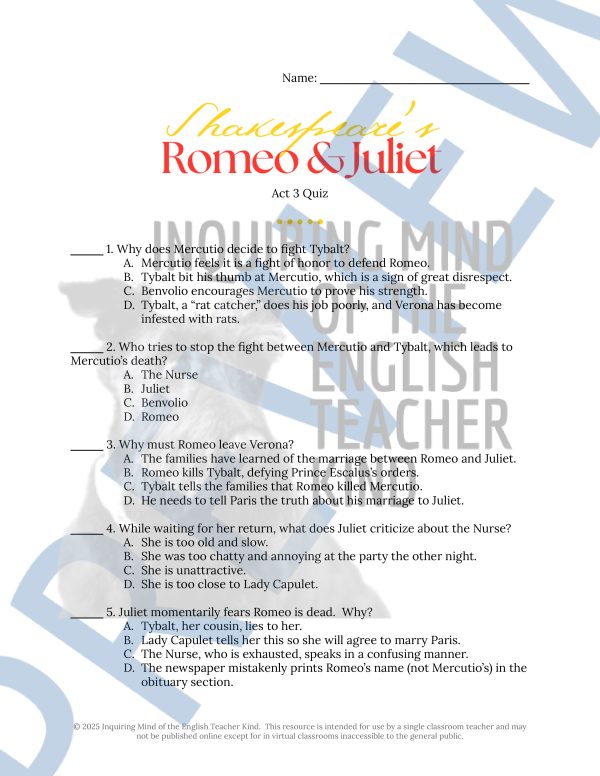 Romeo and Juliet Act 3 Quiz and Answer Key | Shakespeare Assessment ...