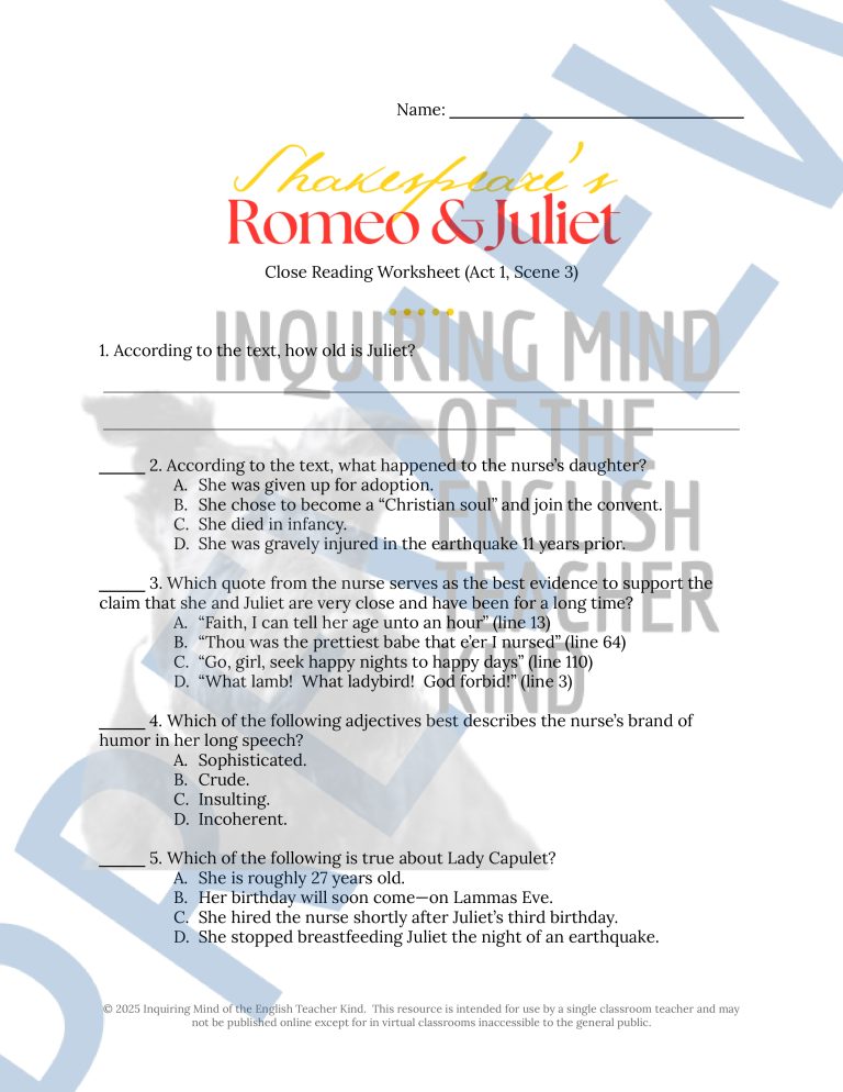 Romeo and Juliet Act 1 Scene 3 Close Reading Analysis Worksheet and Key ...