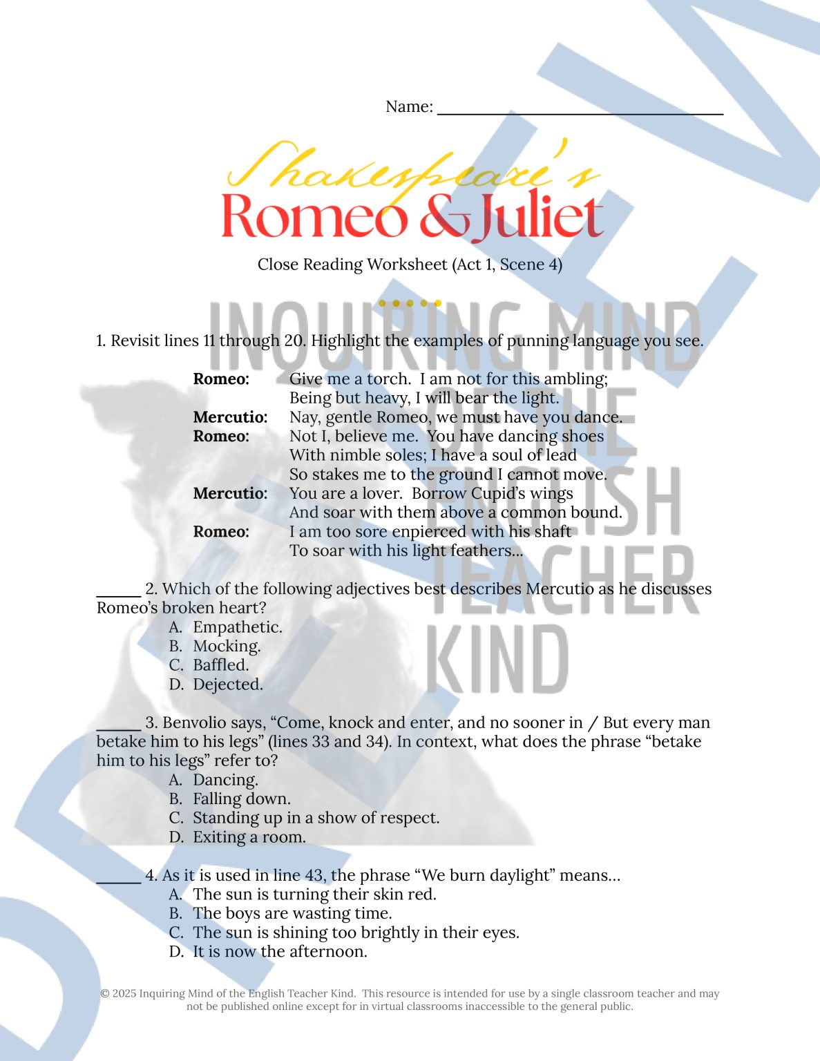 Romeo and Juliet Act 1 Scene 4 Close Reading Analysis Worksheet and Key ...