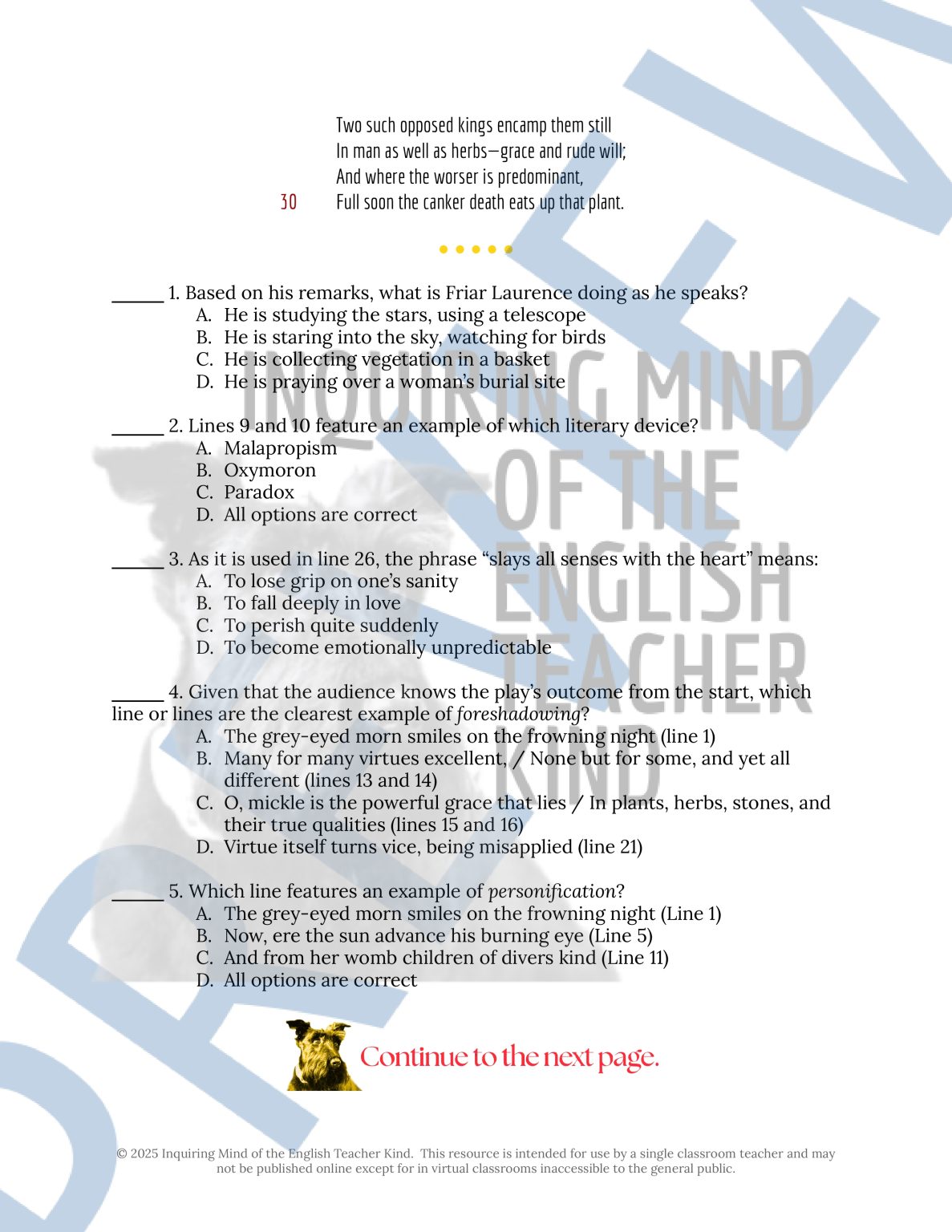 Romeo and Juliet Act 2 Scene 3 Close Reading Analysis Worksheet and Key ...