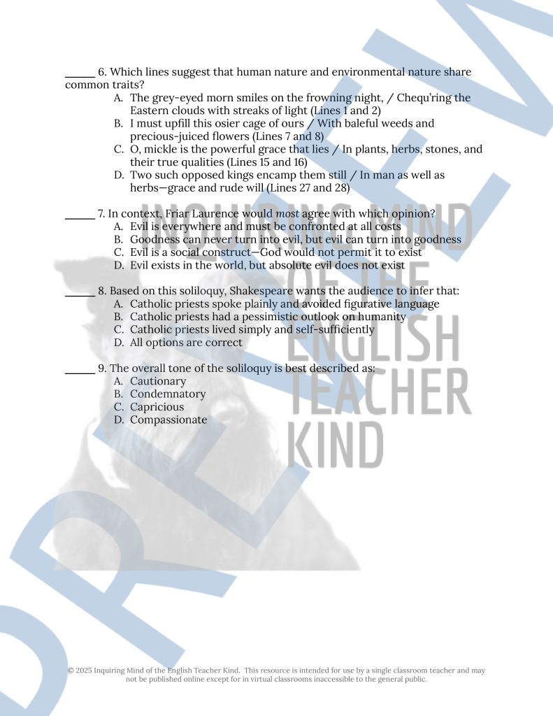 Romeo and Juliet Act 2 Scene 3 Close Reading Analysis Worksheet and Key ...