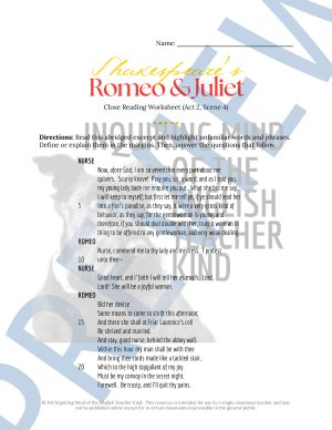 Romeo and Juliet Act 2 Scene 4 Close Reading Analysis Worksheet and Key ...