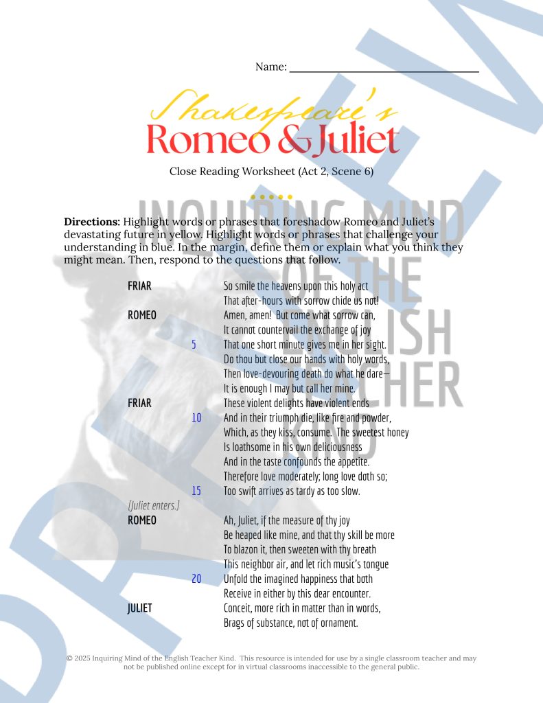 Romeo and Juliet Act 2 Scene 6 Close Reading Analysis Worksheet and Key ...