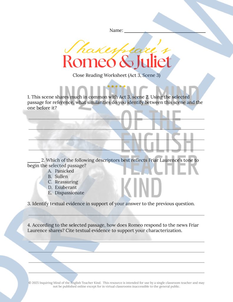 Romeo and Juliet Act 3 Scene 3 Close Reading Analysis Worksheet and Key ...