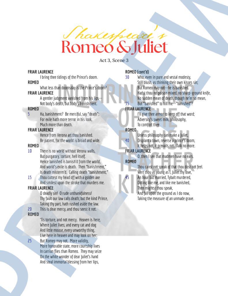 Romeo and Juliet Act 3 Scene 3 Close Reading Analysis Worksheet and Key ...