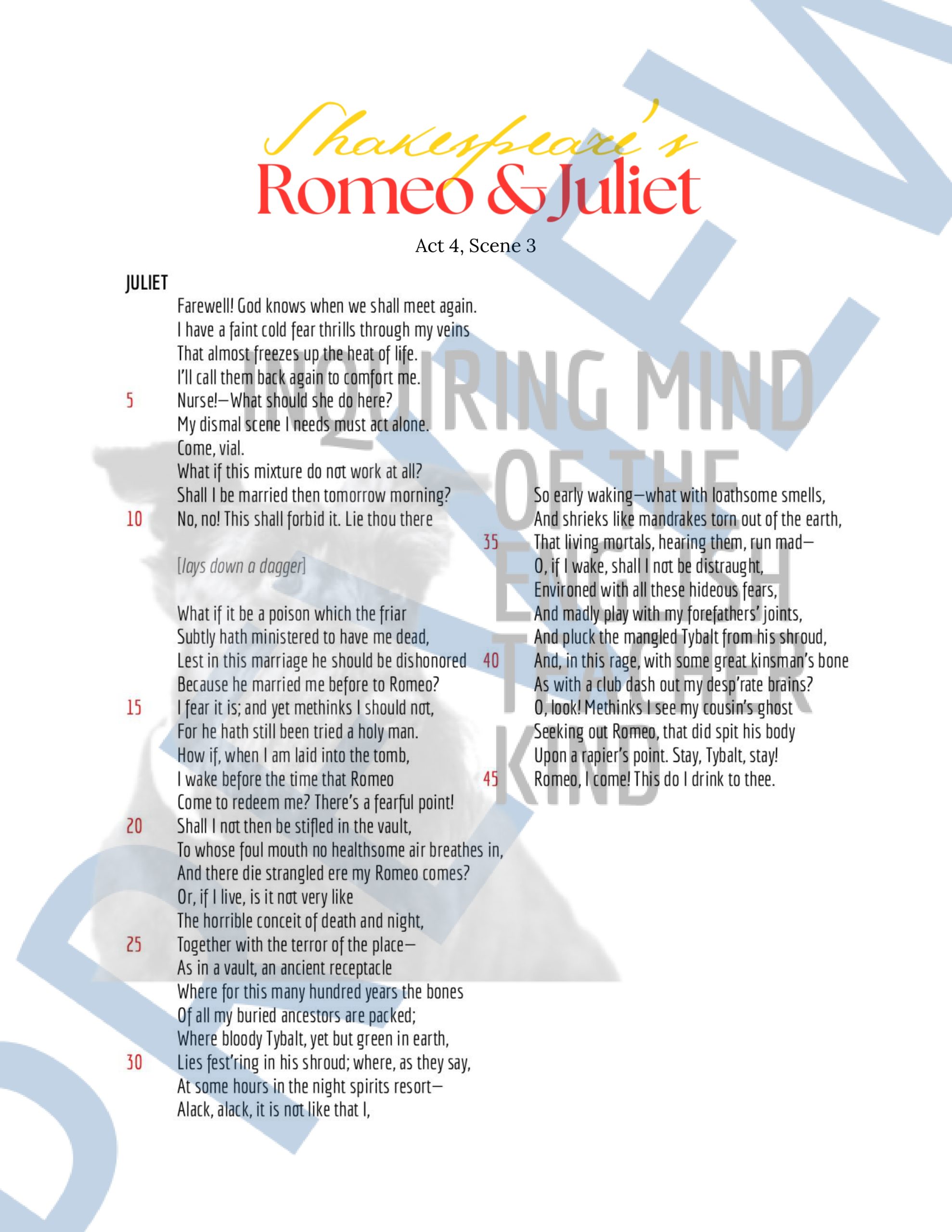 Romeo and Juliet Act 4 Scene 3 Close Reading Analysis Worksheet and Key ...
