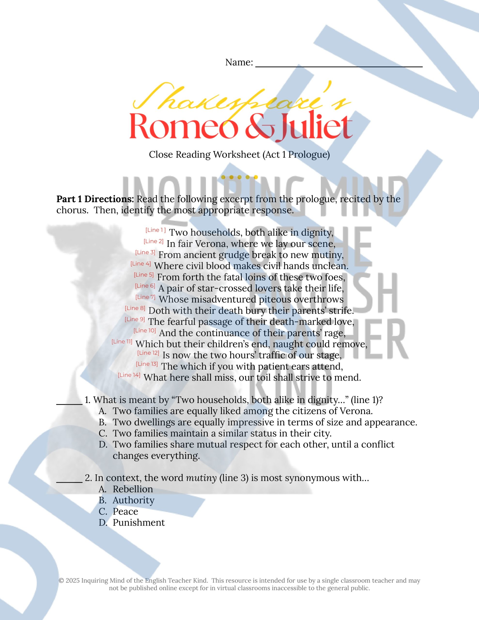 Romeo and Juliet Close Reading Analysis Activities | Shakespeare ...