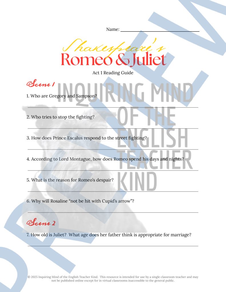 Romeo and Juliet Act 1 Reading Guide and Answer Key for High School ...
