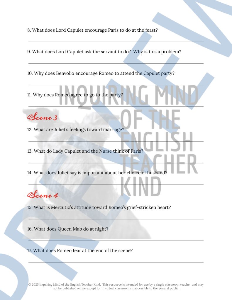 Romeo and Juliet Act 1 Reading Guide and Answer Key for High School ...
