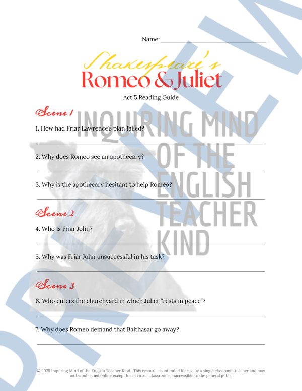 Romeo and Juliet Act 5 Reading Guide and Answer Key for High School ...