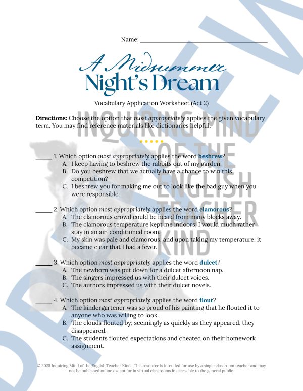 Shakespeare's A Midsummer Night's Dream Act 2 Vocabulary Games for High ...