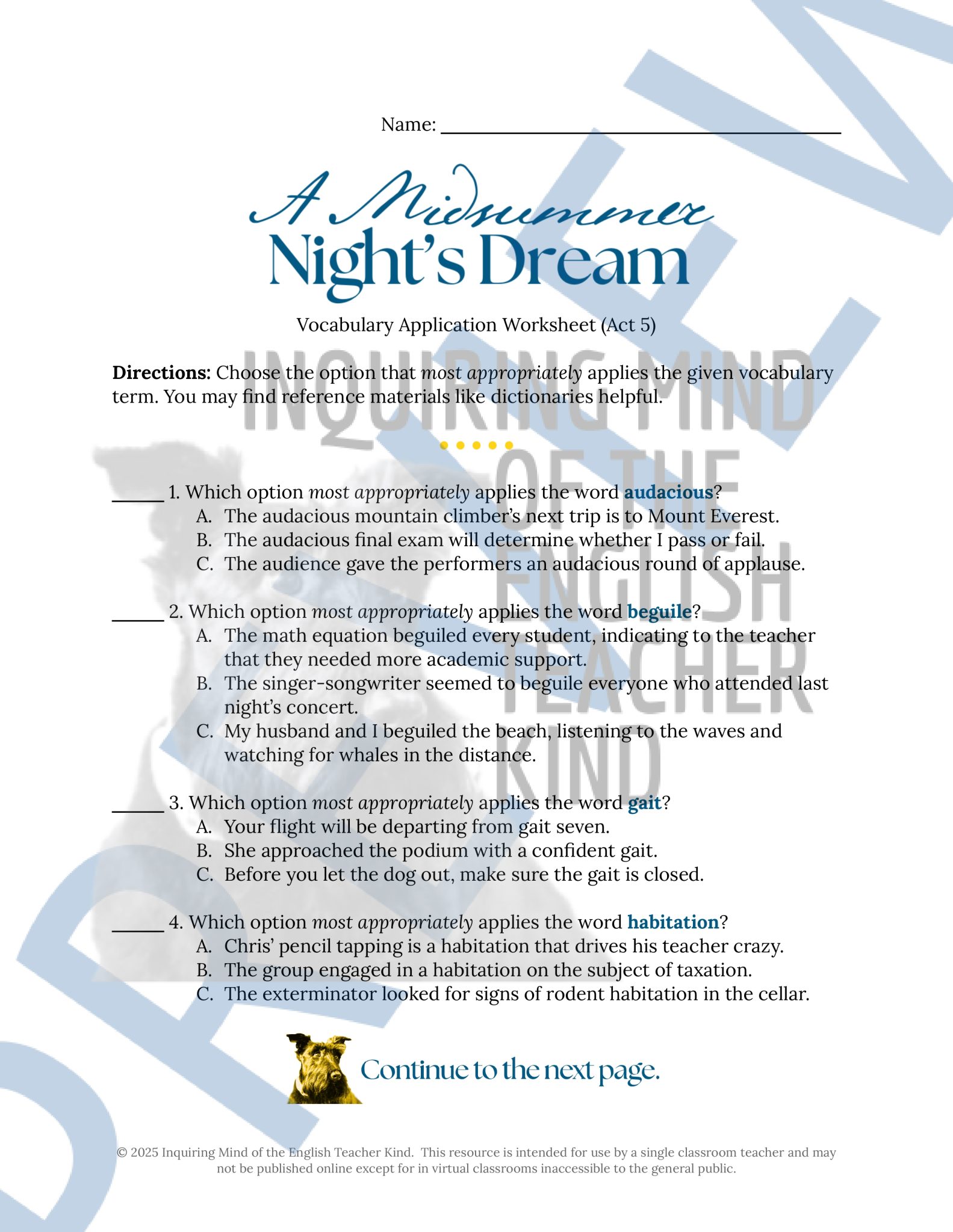 Shakespeare's A Midsummer Night's Dream Act 5 Vocabulary Games for High ...