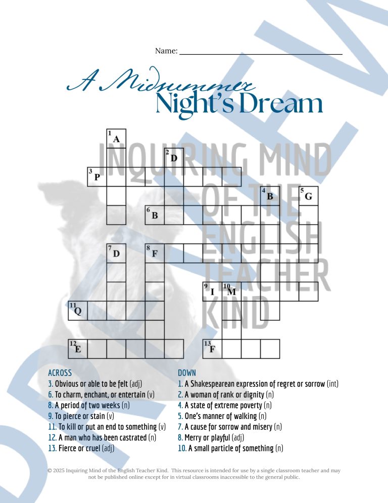 Shakespeare's A Midsummer Night's Dream Act 5 Vocabulary Games for High ...