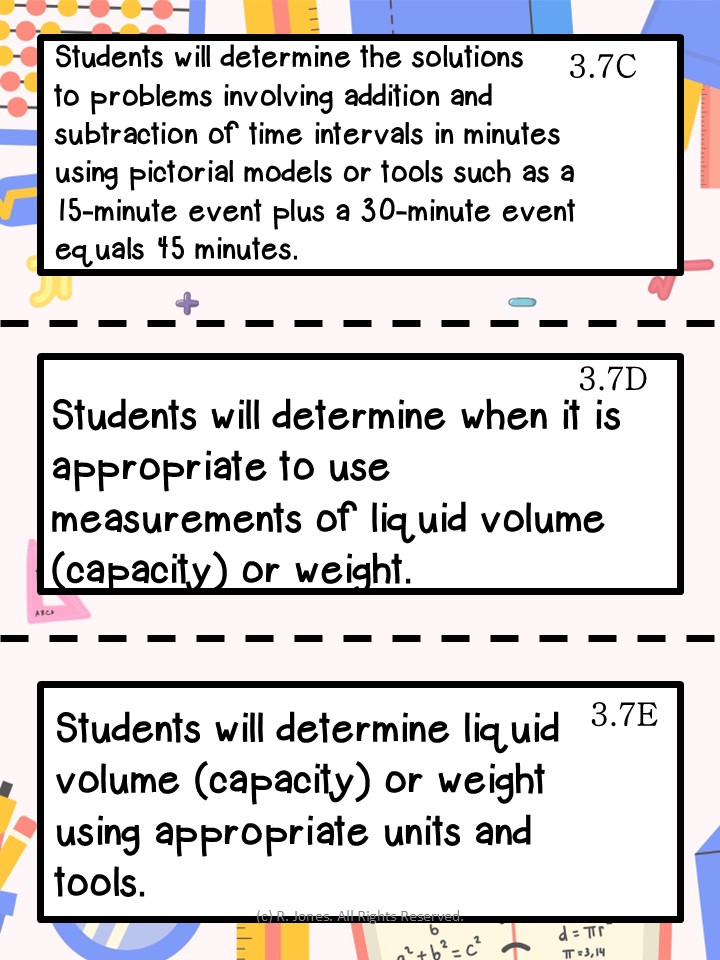 3rd Grade Texas TEKS Math Learning Objectives Cards | Color and B&W ...