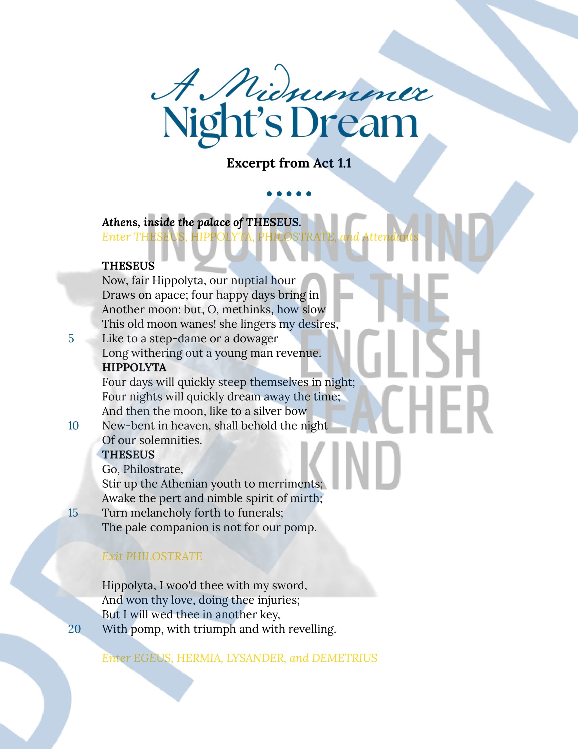 A Midsummer Night's Dream Act 1 Scene 1 Close Reading Analysis ...