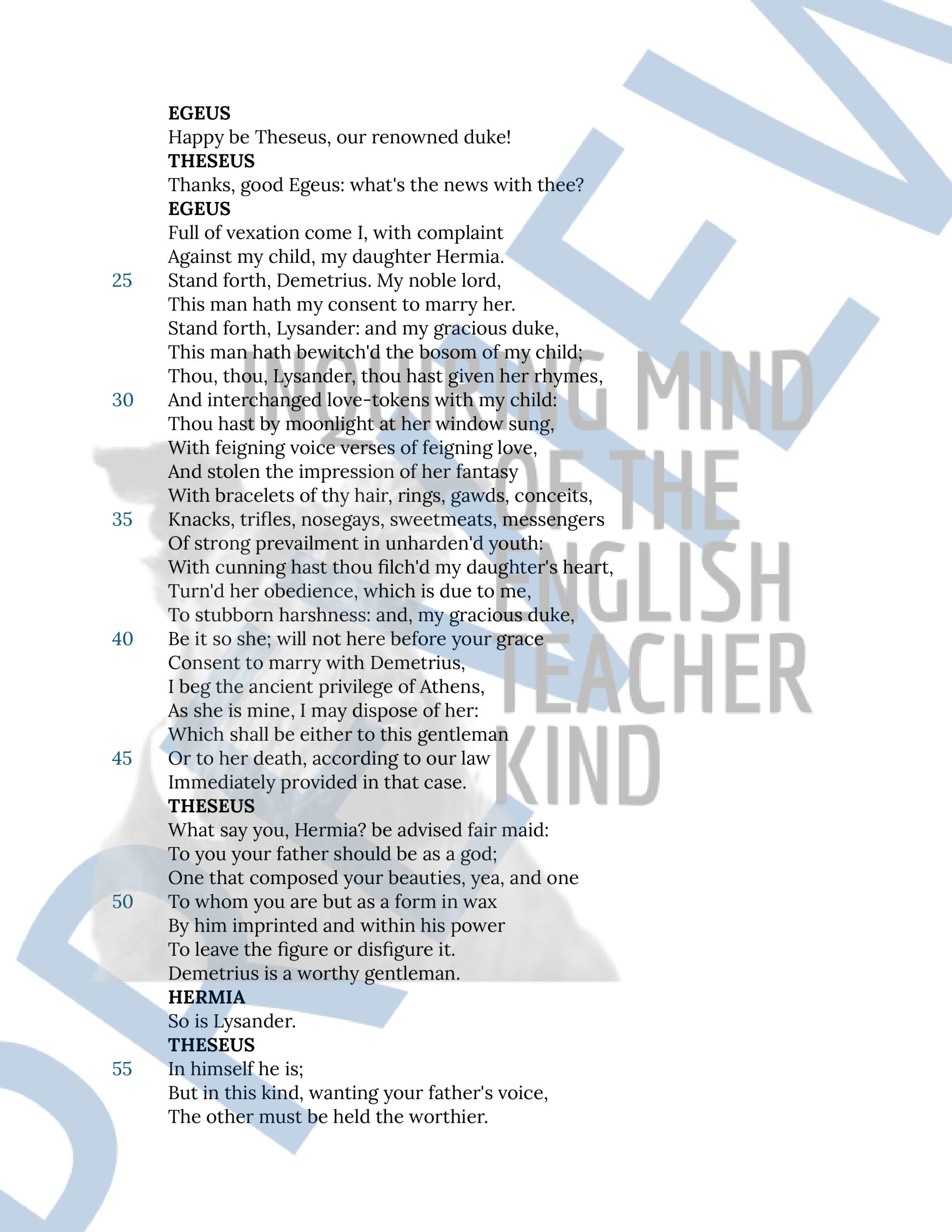 A Midsummer Night's Dream Act 1 Scene 1 Close Reading Analysis ...