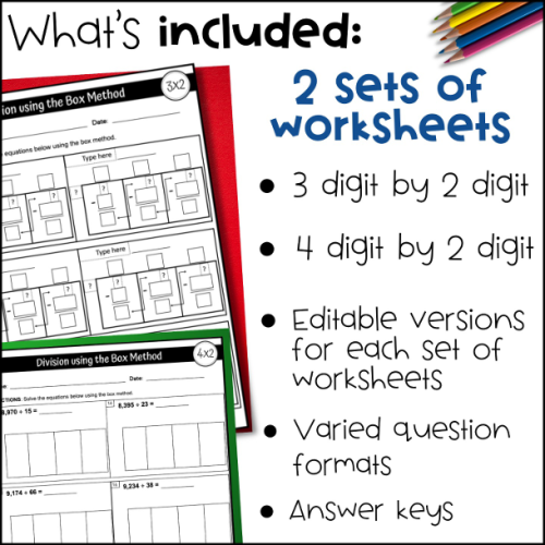 Box Method Division Worksheets 2 Digit Divisors EDITABLE 3 and 4 digit ...