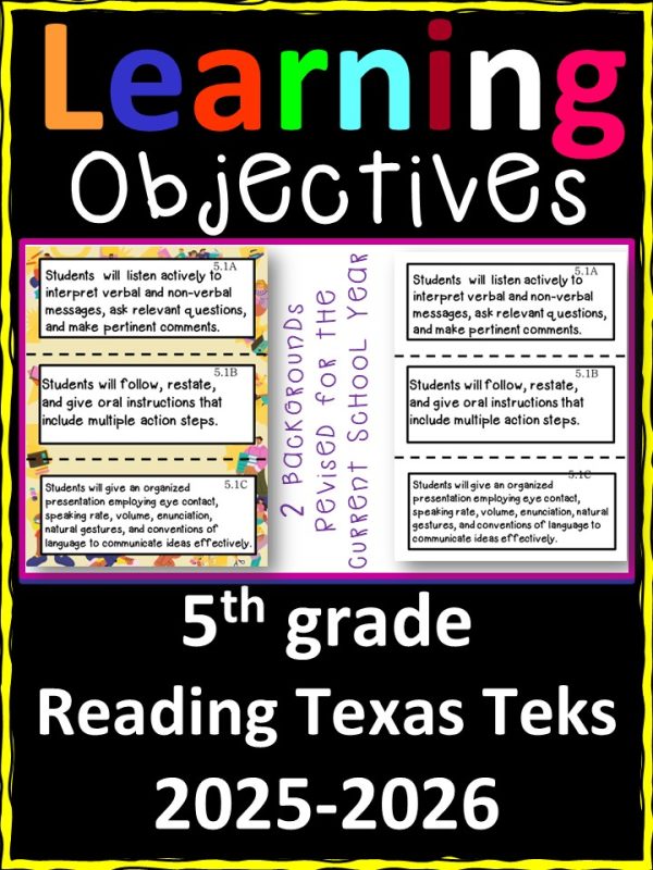 5th Grade Texas TEKS Reading/ Writing Learning Objectives Cards | Color ...