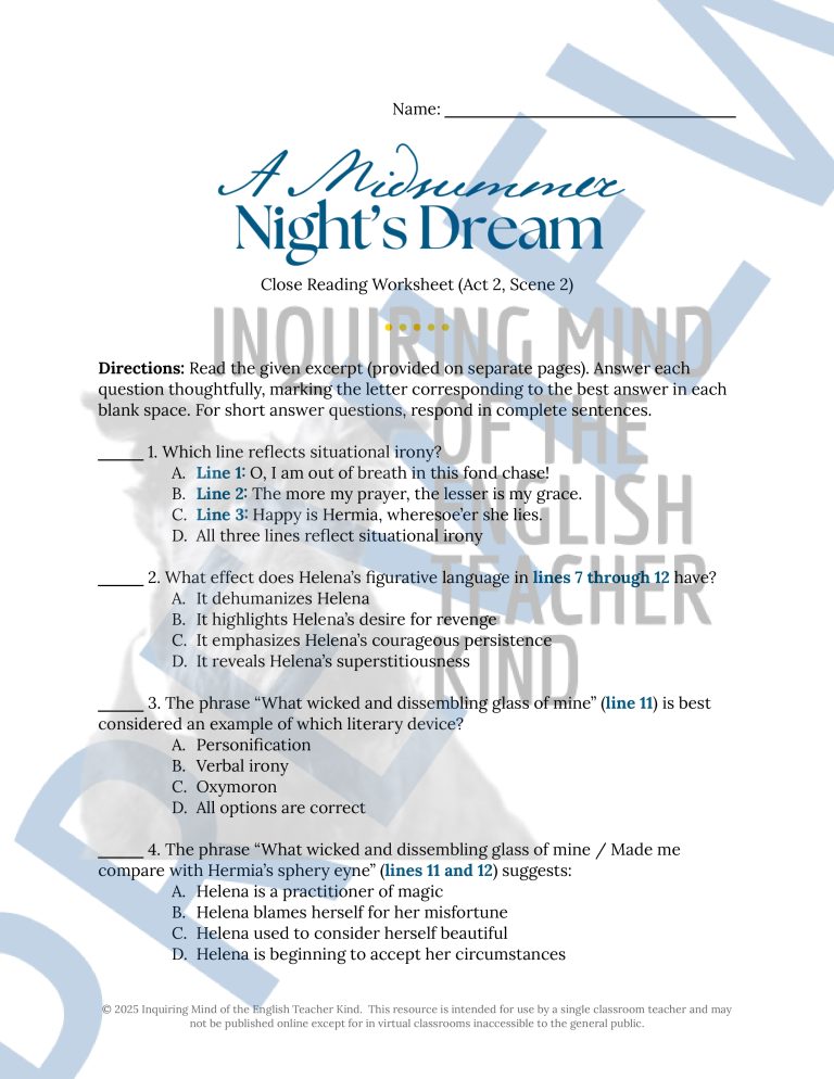 A Midsummer Night's Dream Act 2 Scene 2 Close Reading Analysis ...